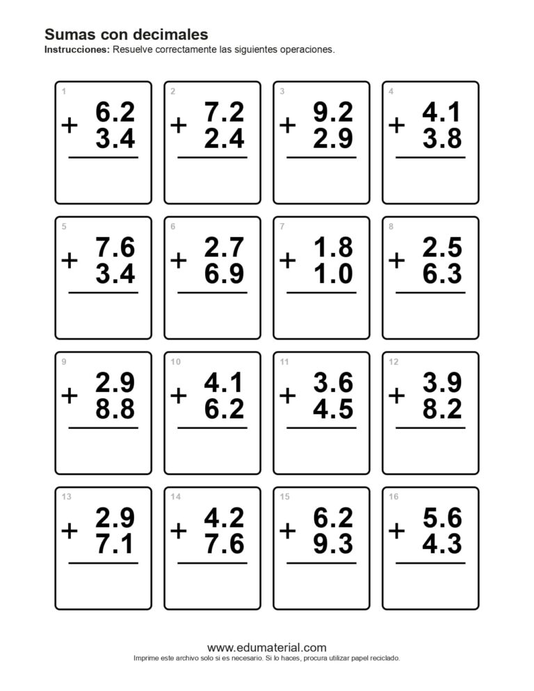 Sumas Con Decimales (Set 1) - EduMaterial